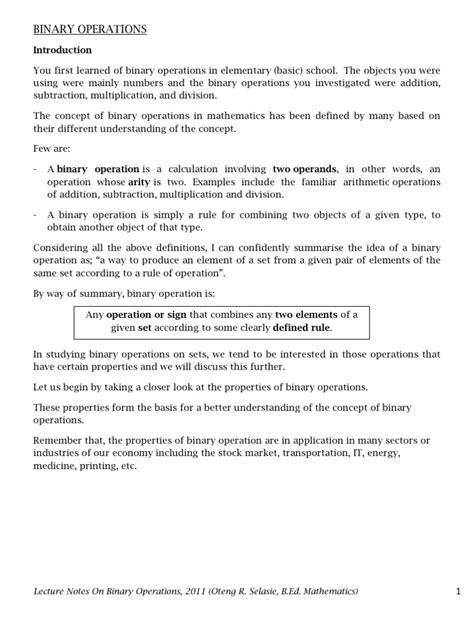 Binary Operations Notes Pdf Multiplication Division Mathematics