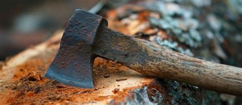 Premium Photo Closeup Of A Worn Ax Blade Lodged In A Cut Tree Trunk