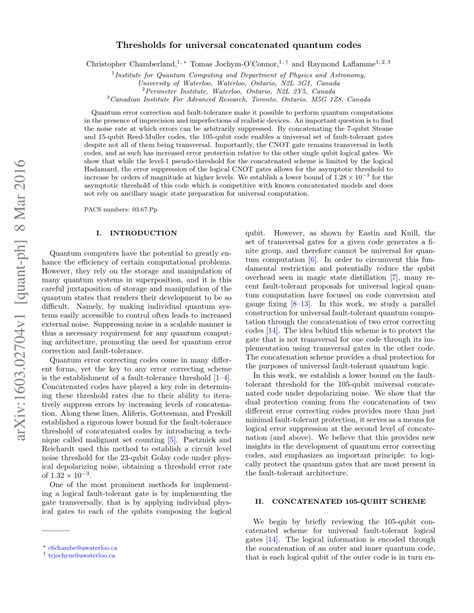 Pdf Thresholds For Universal Concatenated Quantum Codes