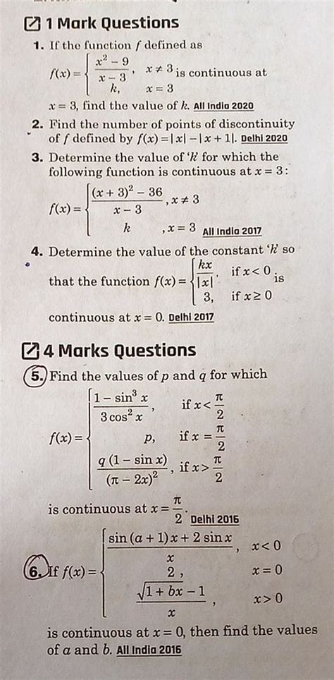 1 Mark Questions1 If The Function F Defined As F X {x−3x2−9 K X 3x