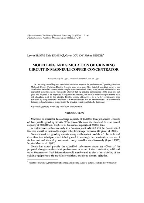Pdf Modeling And Simulation Of The Grinding Circuit In Madneuli Copper Concentrator