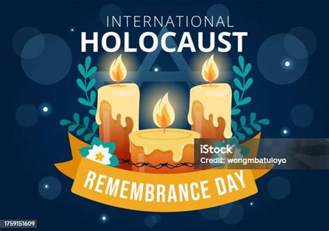 국제 홀로코스트 현충일 벡터 일러스트 레이 션 1월 27일 노란색 별과 촛불 평면 배경에서 희생자를 기념하기 위해 Holocaust에 대한 스톡 벡터 아트 및 기타 이미지