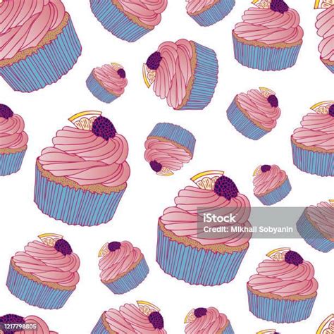 달콤한 컵 케이크의 원활한 패턴 낙서 스타일의 손으로 그린 벡터 그림입니다 인사말 카드 포스터 스티커 및 계절 디자인에 대한 요소 0명에 대한 스톡 벡터 아트 및 기타