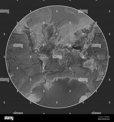 World Grayscale Elevation Map In The Lagrange Projection Centered On The Prime Meridian Stock