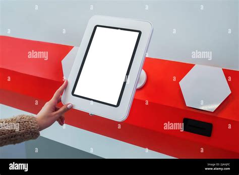 Woman Using Interactive Empty White Touchscreen Display Kiosk At Exhibition Stock Photo Alamy