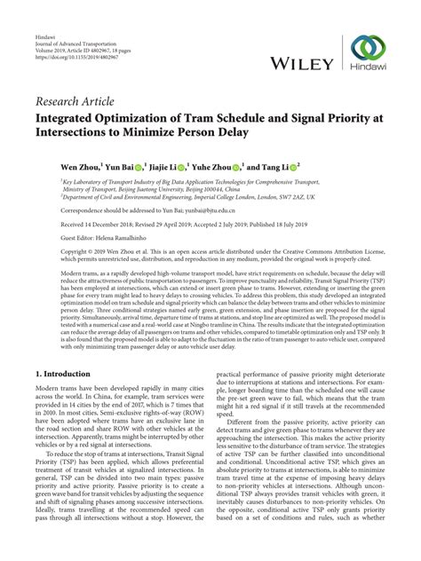 Pdf Integrated Optimization Of Tram Schedule And Signal Priority At Intersections To Minimize