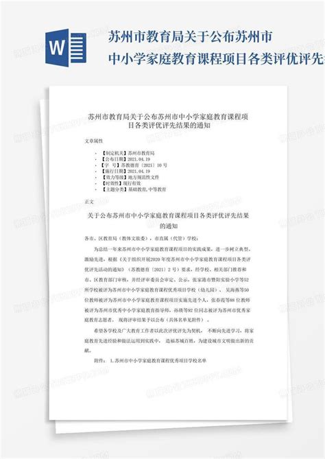 苏州市教育局关于公布苏州市中小学家庭教育课程项目各类评优评先结果的 Word模板下载 编号qoeonnxp 熊猫办公