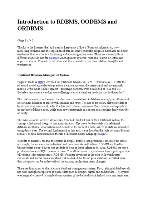 Introduction To Rdbms Ordbms Pdf Relational Database Databases