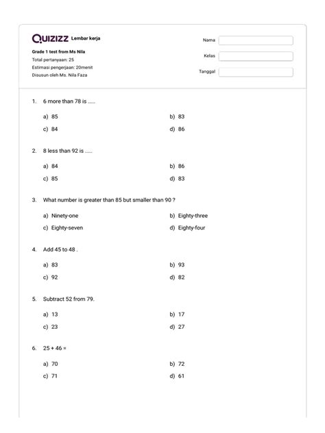 Grade 1 Test From Ms Nila Quizizz Download Free Pdf Graphic Design Vision