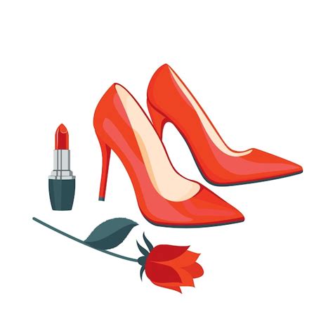 Premium Vector Red Stiletto Heels Rose And Red Lipstick Set Vector