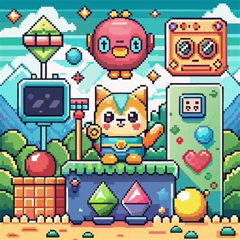cute pixelated character standing in front of a retro game console with