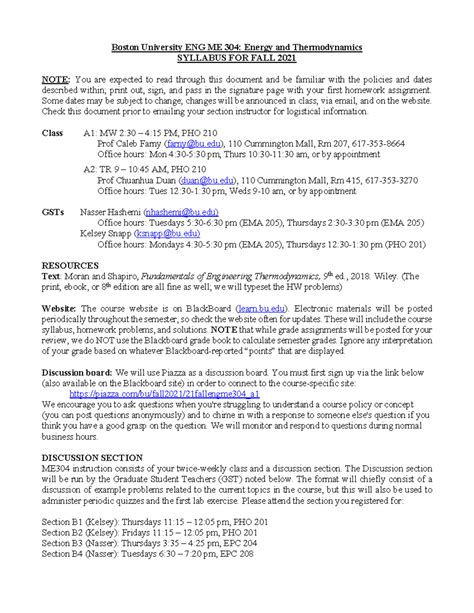 ME304 Syllabus Fall 2021 Boston University ENG ME 304 Energy And Thermodynamics SYLLABUS FOR