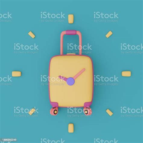 시계가있는 노란색 가방 여행 개념 휴가 계획 휴가 여행 준비 3d 렌더링 3차원 형태에 대한 스톡 사진 및 기타 이미지 3차원 형태 가방 개념 Istock