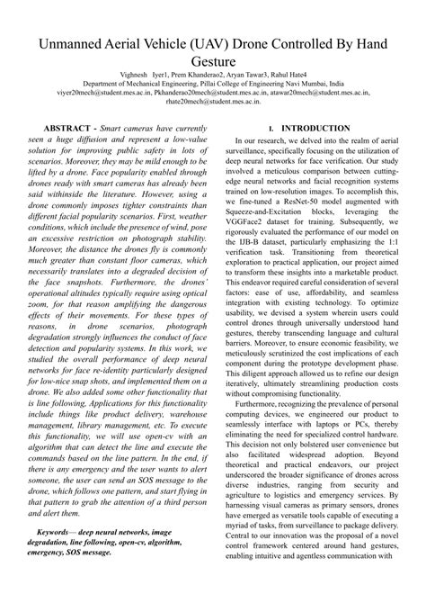 Pdf Unmanned Aerial Vehicle Uav Drone Controlled By Hand Gesture