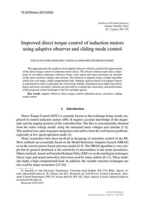 Pdf Improved Direct Torque Control Of Induction Motors Using Adaptive Observer And Sliding