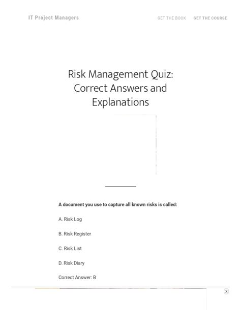 Risk Management Quiz Correct Answers And Explanations Pdf Risk Risk Management