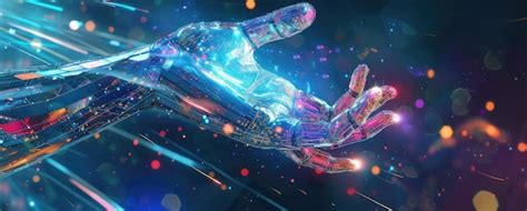Futuristic Glowing Cybernetic Hand Reaching Out Premium Ai Generated Image