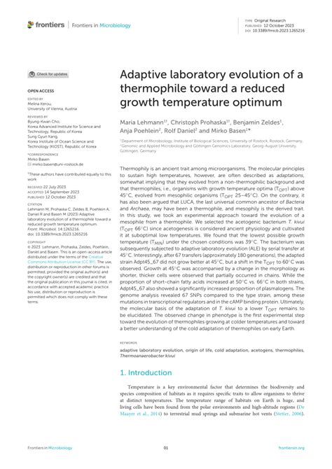 Pdf Adaptive Laboratory Evolution Of A Thermophile Toward A Reduced Growth Temperature Optimum