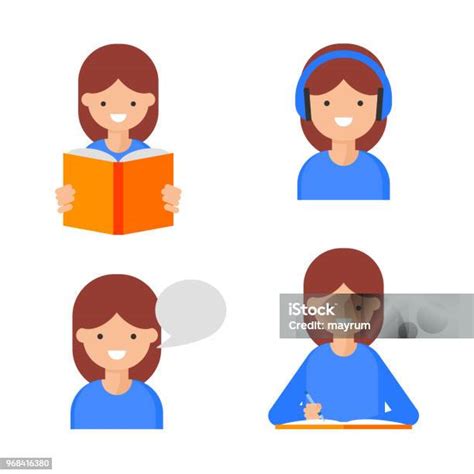 읽기 쓰기 말하기 듣기입니다 아이콘 평면 스타일을 학습 하는 언어 말하기에 대한 스톡 벡터 아트 및 기타 이미지 말하기