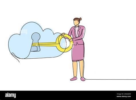 Continuous One Line Drawing Businesswoman Put Key Into Cloud Digital