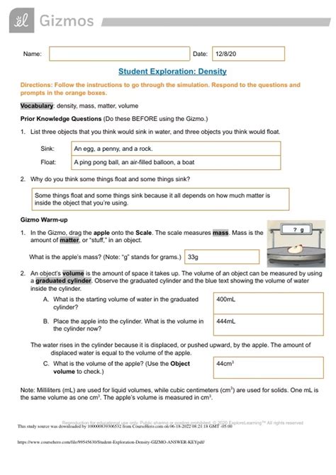 Gizmos Student Exploration Density Questions With Correct Answers Gizmos Student Exploration