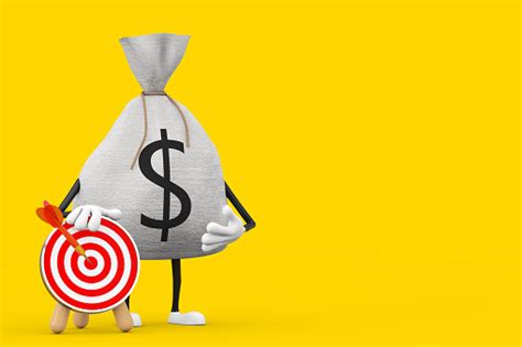 중앙에 양궁 대상과 다트와 함께 소박한 캔버스 리넨 돈 자루 또는 머니 백과 달러 사인 마스코트 문자를 묶습니다 3d 렌더링 0명에 대한 스톡 사진 및 기타 이미지 Istock