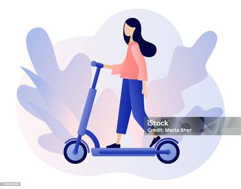 전기 스쿠터 대여 개념입니다 작은 여자 Ridу 전기 스쿠터 생태 운송 도시 교통 현대적인 라이프 스타일 현대 평면 만화 스타일입니다 흰색 배경에 벡터 그림 킥보드에 대한