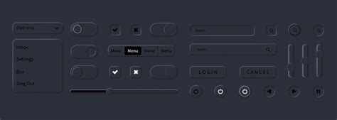 모바일 앱용 사용자 인터페이스 요소입니다 독특한 Neumorphic Ui Ux 디자인 키트 관리 탐색 검색 양식 및 구성 요소 모바일 웹 소셜 미디어 비즈니스 어두운 테마