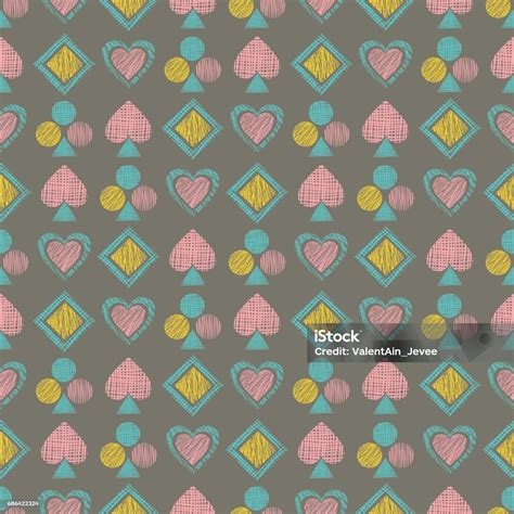 카드 놀이의 아이콘으로 원활한 벡터 기하학 패턴입니다 손으로 배경 질감된 기하학적 그림 그려 포장 웹 배경 벽지 파스텔 그래픽 일러스트 템플릿 가능성에 대한 스톡 벡터 아트