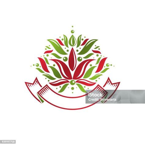 빈티지 전 령 벡터 휘장 릴리 꽃 로얄 기호로 구성 에코 친화적인 제품 기호 환경 보호 주제 그림 0명에 대한 스톡 벡터 아트 및 기타 이미지 Istock