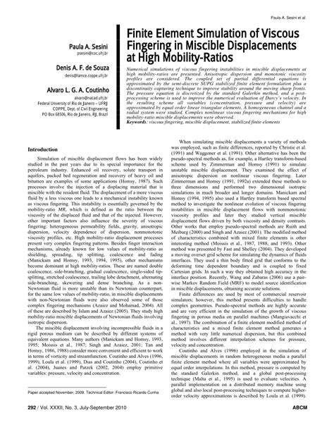 PDF Finite Element Simulation Of Viscous Fingering In Miscible Displacements At High Mobility