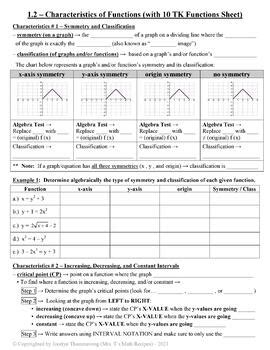Pre Calculus H Section 1 2 Notes Characteristics Of Functions W TK Sheet