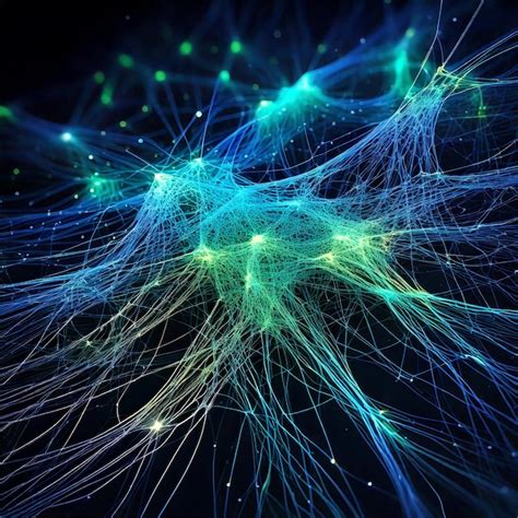 A Neural Network Visualized As A Glowing Web Of Blue And Green Lines On A Dark Background