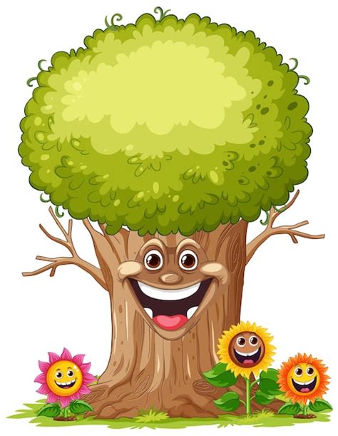 행복한 나무와 꽃 만화 프리미엄 벡터