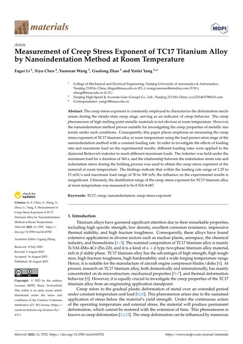 Pdf Measurement Of Creep Stress Exponent Of Tc17 Titanium Alloy By Nanoindentation Method At