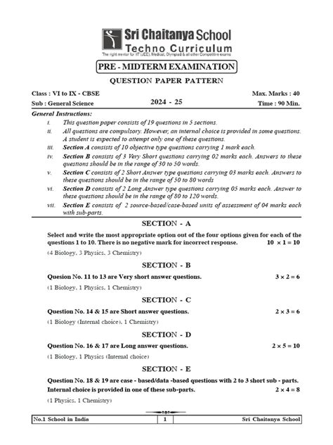 Cbse Vi To Ix Classes General Science Pre Midterm Examination Qp