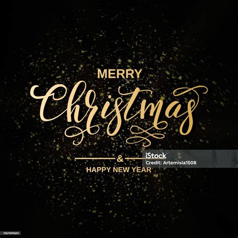 메리 크리스마스 필기 스크립트 글자입니다 블랙 바탕에 골드 눈송이와 크리스마스 인사입니다 벡터 일러스트 레이 션 Eps10 12