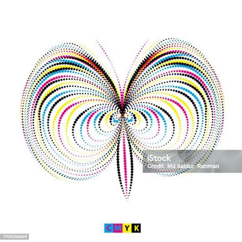 Cmyk 컬러 라인 하프 톤 도트 효과 흰색과 검은 색 선 그리기 기호 로고 타입 하프 톤 벡터 텍스처 라운드 서클 그리드 추상