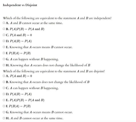 Solved Independent Vs Disjoint Which Of The Following Are Equivalent
