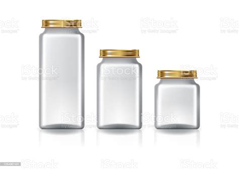보충제 또는 식품을 위한 금 나사 뚜껑이 있는 빈 클리어 스퀘어 항아리 3사이즈 반사 그림자가 있는 흰색 배경에 격리되었습니다 패키지 디자인에 사용할 준비가 되었습니다 벡터