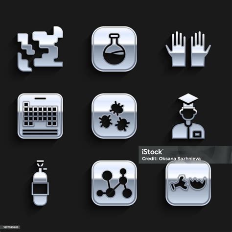 박테리아 화학식 깨진 플라스크 실험실 조수 프로판 가스 탱크 주기율표 의료용 고무 장갑 및 기체 아이콘을 설정합니다 벡터 가연성에 대한 스톡 벡터 아트 및 기타 이미지