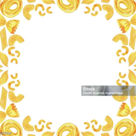 메뉴 인증서 및 소책자를 디자인하고 카페를 광고하기 위한 다양한 유형의 이탈리아 파스타의 정사각형 프레임입니다 고립된 수채화 그림입니다 클립 아트 가정 주방에 대한 스톡