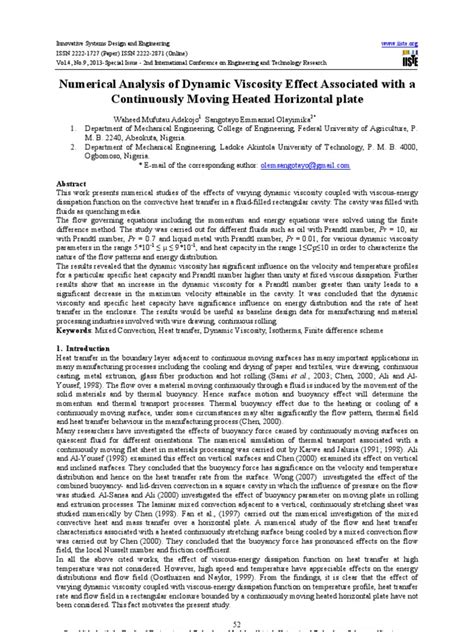 Pdf Numerical Analysis Of Dynamic Viscosity Effect Associated With A Continuously Moving