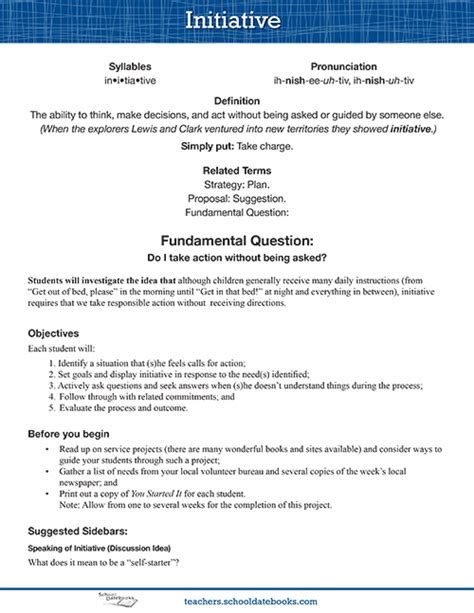 Character Lesson Plans School Datebooks