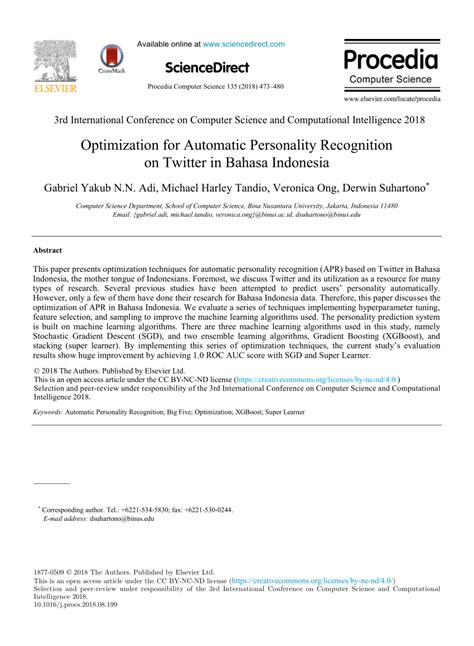 Pdf Optimization For Automatic Personality Recognition On Twitter In