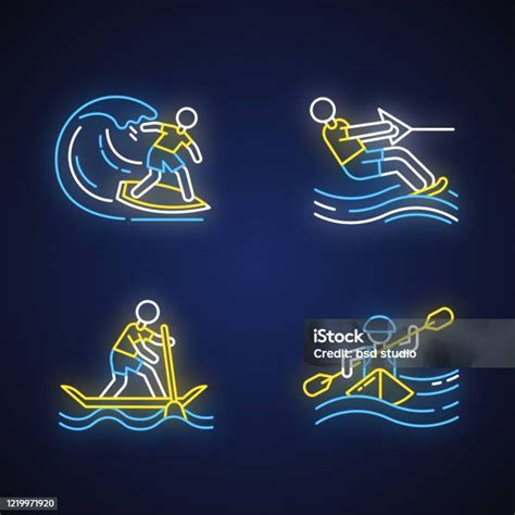 수상 스포츠 네온 라이트 아이콘 세트입니다 서핑 수상 스키 래프팅 및 수선 스포츠의 극단적 인 종류 여름 휴가 레저 모험 빛나는