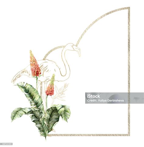 선형 플라밍고 루핀 및 바나나 가지가 있는 수채화 골드 테두리 손으로 그린 열대 조류 꽃과 야자수 잎 디자인 프린트 패브릭을