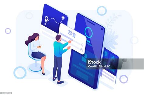 아이소메트릭 컨셉 젊은 사람들은 피트 니스 팔찌 관리 응용 프로그램으로 작업 하 고 있습니다 헤더 개념입니다 웹 디자인에 대 한 개념 개발에 대한 스톡 벡터 아트 및 기타