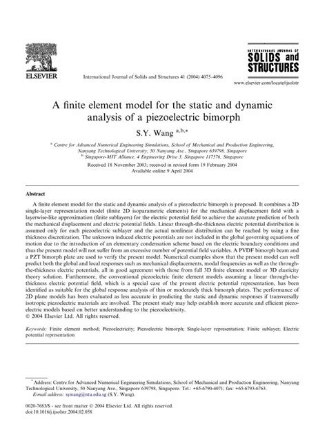 pdf a finite element model for the static and dynamic analysis of a