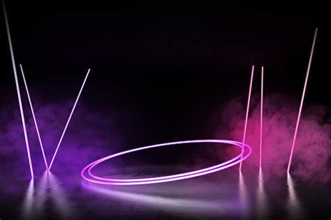 원 모양의 미래 빛나는 네온 조명의 3d 렌더링 및 콘크리트 바닥에 연기 Lcd에 대한 스톡 사진 및 기타 이미지 Lcd 네온 원형 Istock